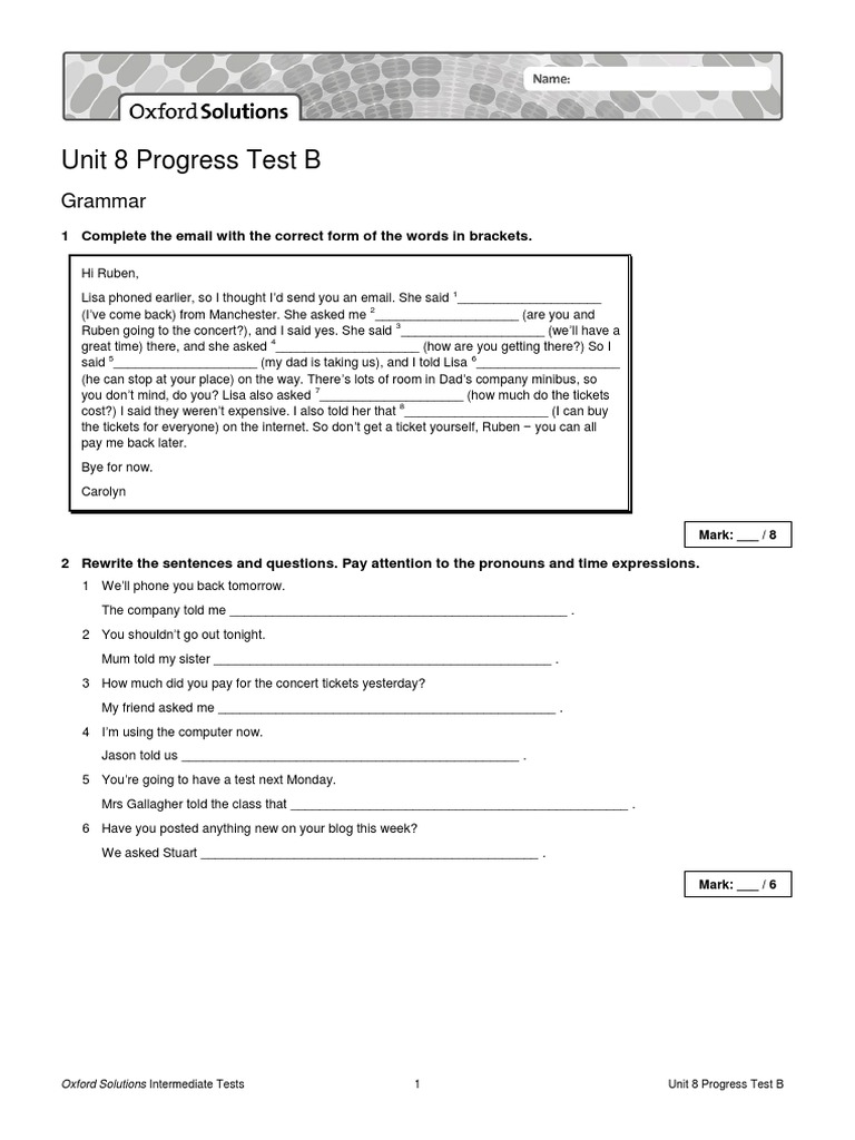 Oxford Solutions Intermediate U8 Progress Test B | PDF | Translations ...