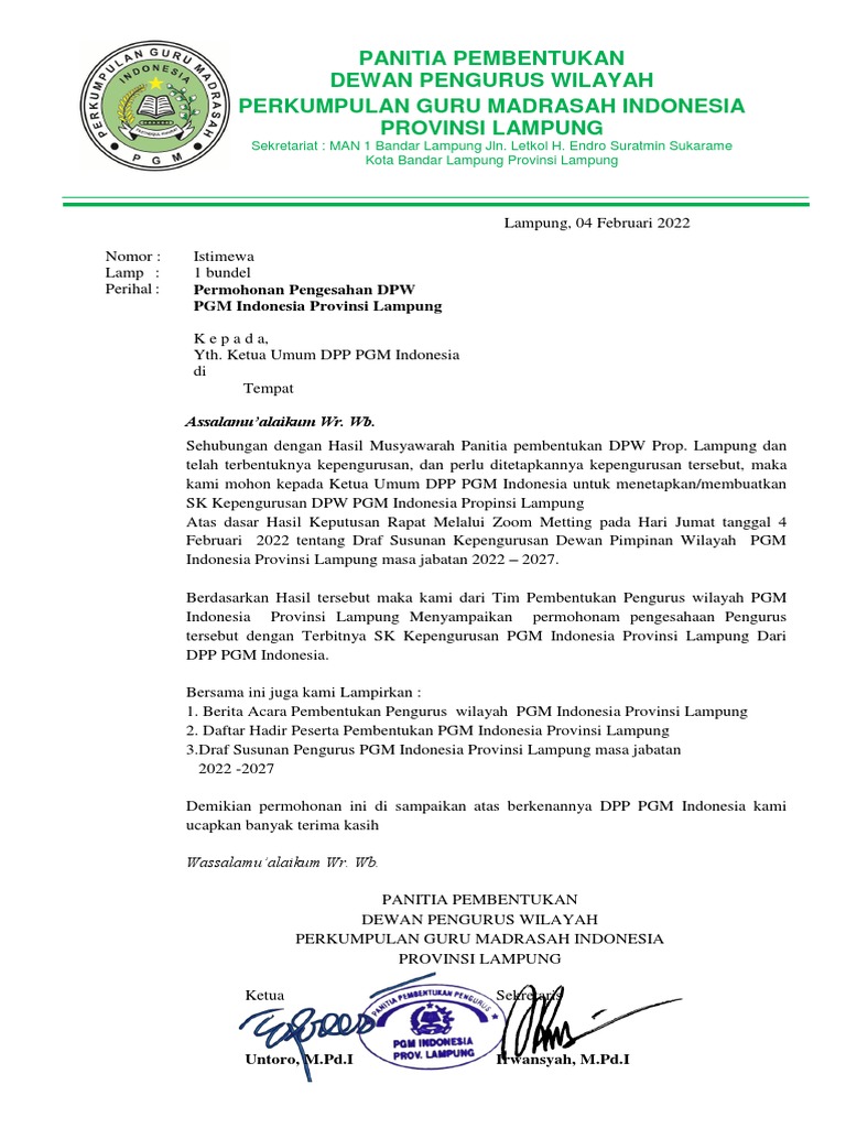 Permohonan Penerbitan SK DPW PGM Indonesia Prov Lampung | PDF