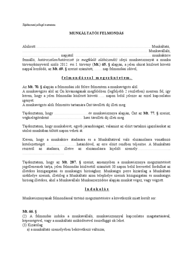 Munkaltatoi Felmondas Minta | PDF