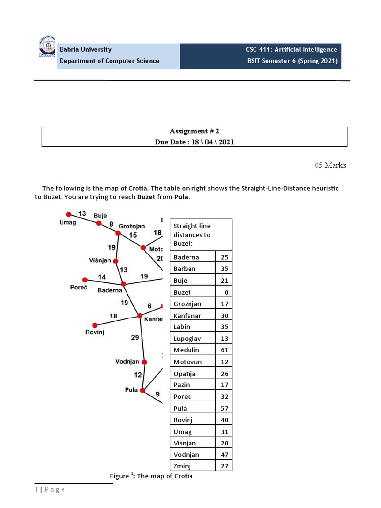 Assignment # 2 Due Date: 18 / 04 / 2021: Bahria University Department of Computer Science | PDF ...