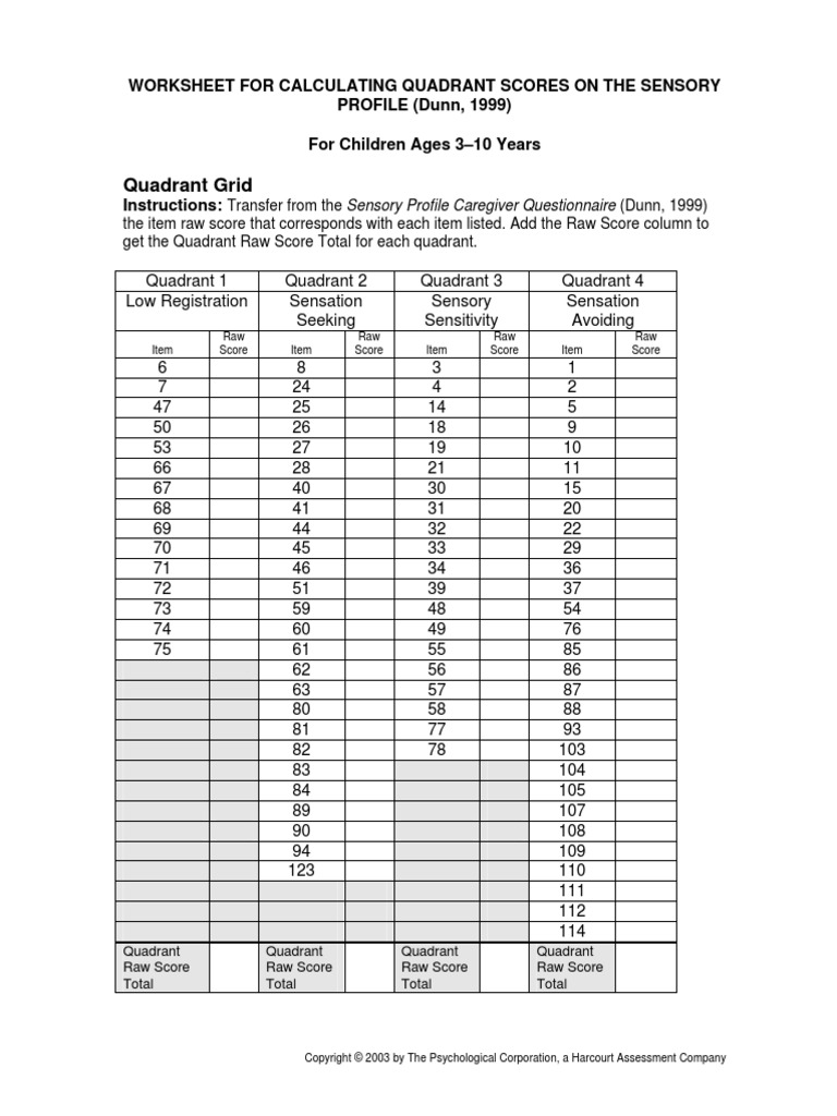 Quadrant Grid: Worksheet For Calculating Quadrant Scores On The Sensory ...