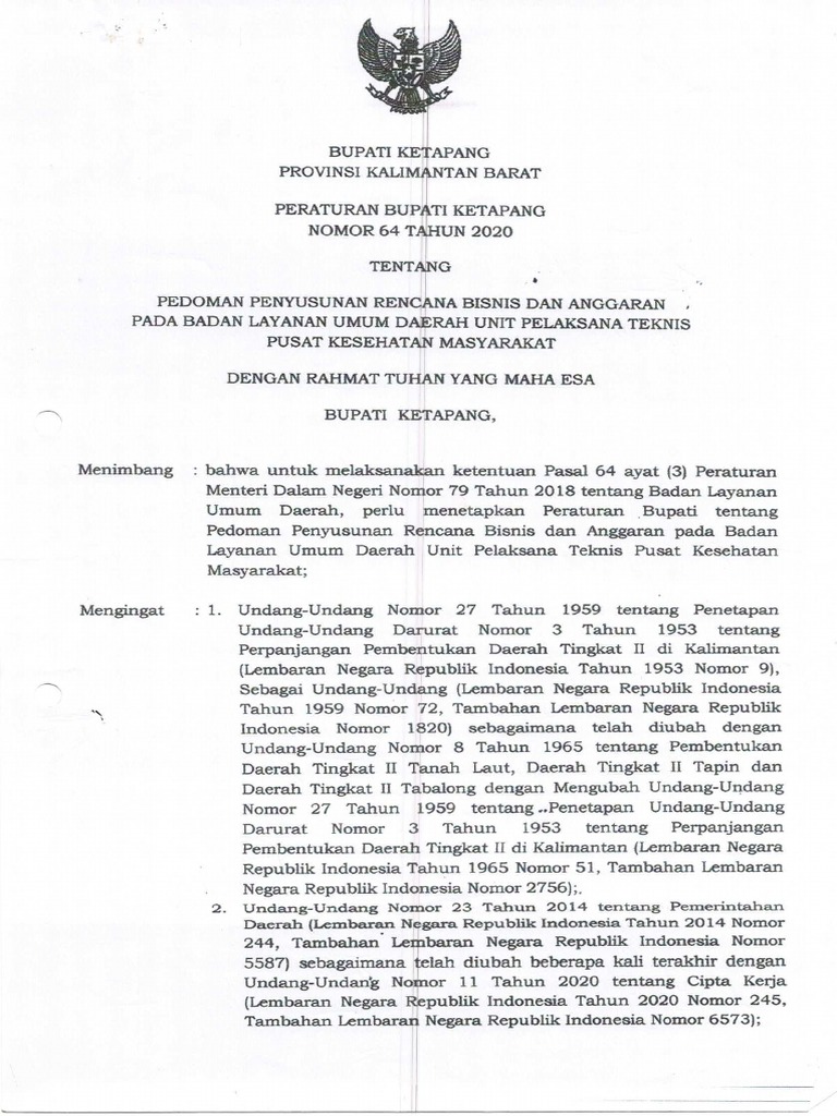 Perbup Blud No. 64 Tahun 2020 - Penyusunan Rba | PDF