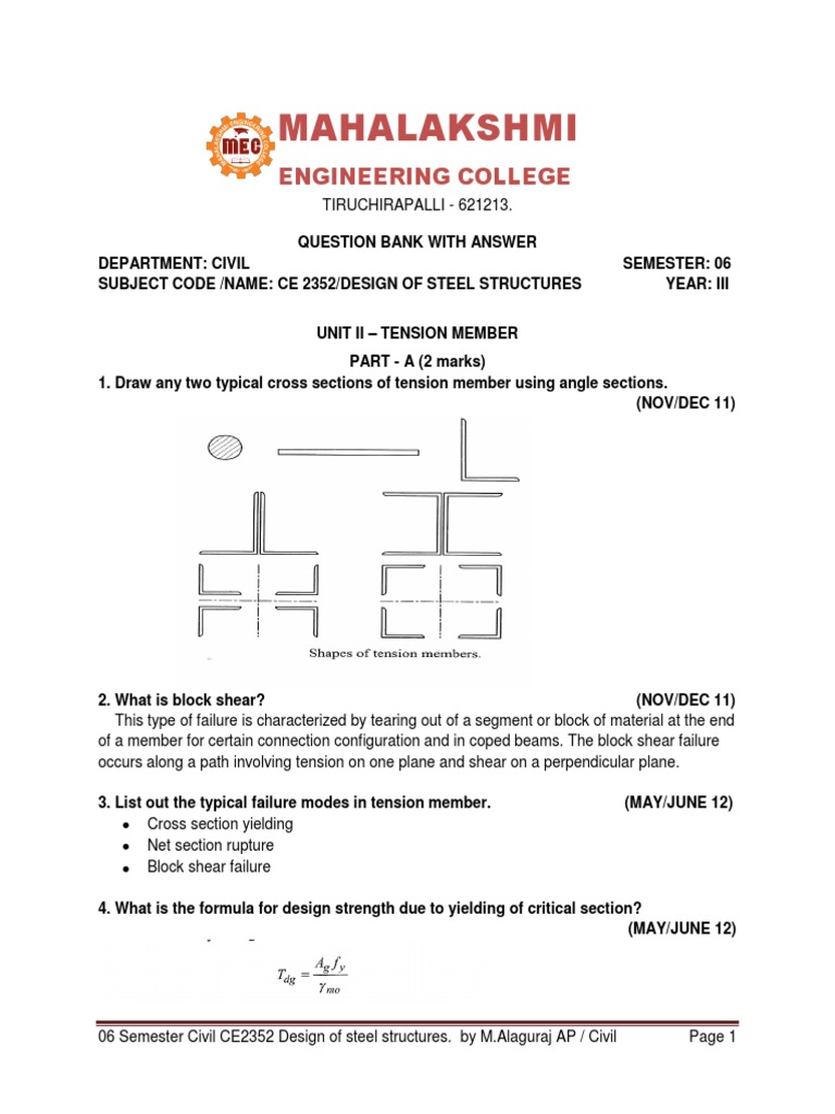 Mahalakshmi: Engineering College | PDF | Strength Of Materials ...