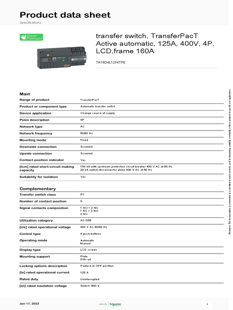 Product Data Sheet: Transfer Switch, Transferpact Active Automatic, 125A, 400V, 4P, LCD, Frame ...
