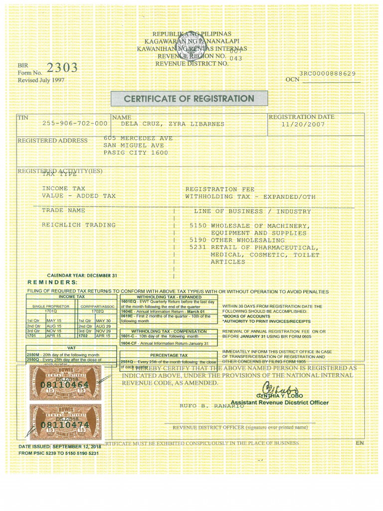 BIR Certificate of Registration | PDF