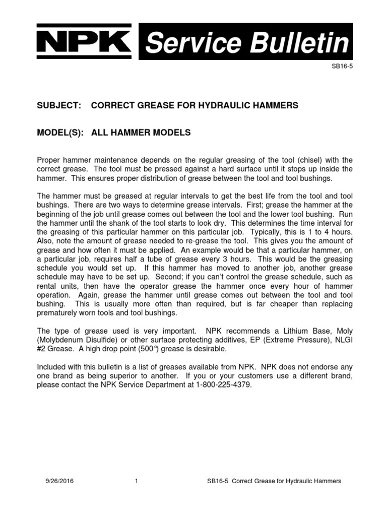 Correct Grease For Hydraulic Hammers - NPK | PDF | Manufactured Goods ...