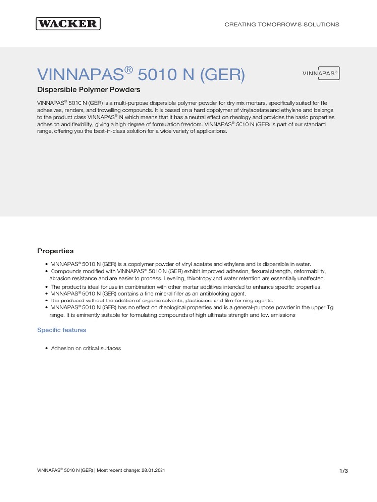 Vinnapas 5010 N (GER) : Dispersible Polymer Powders | PDF | Polyvinyl ...