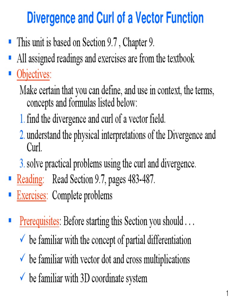 Divergence and Curl of A Vector Function: Objectives | PDF | Divergence | Flux