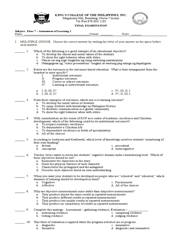 2020 Final Exam | PDF | Educational Assessment | Multiple Choice