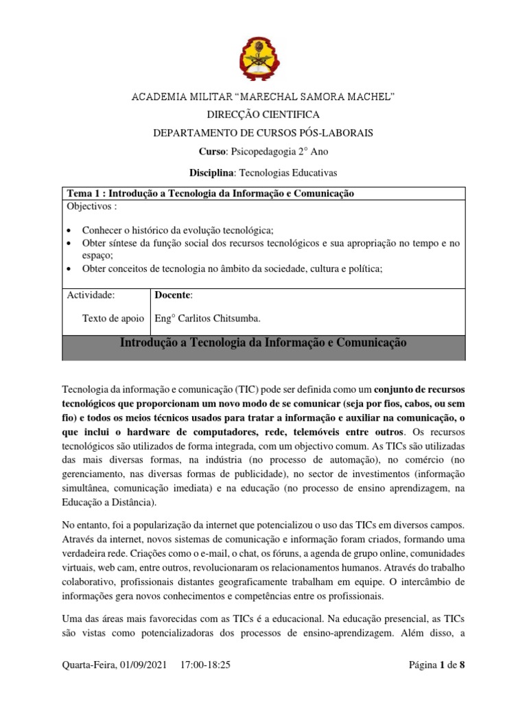 Tema 1 - Introdução A Tecnologia Da Informação e Comunicação | PDF ...