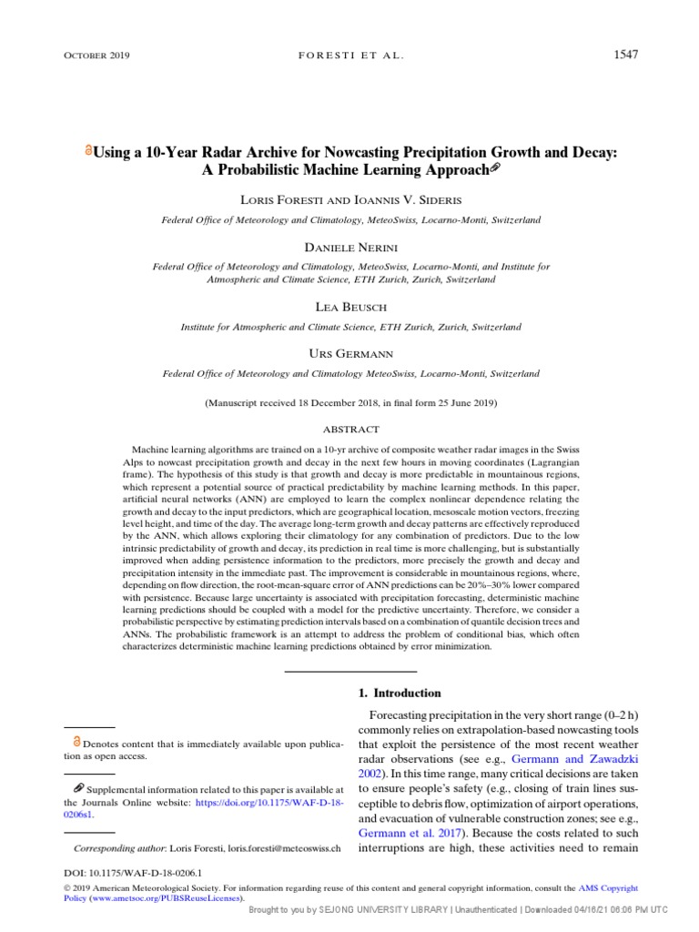 Using A 10-Year Radar Archive For Nowcasting Precipitation Growth and ... Using A 10-Year Radar Archive For Nowcasting Precipitation Growth and ...