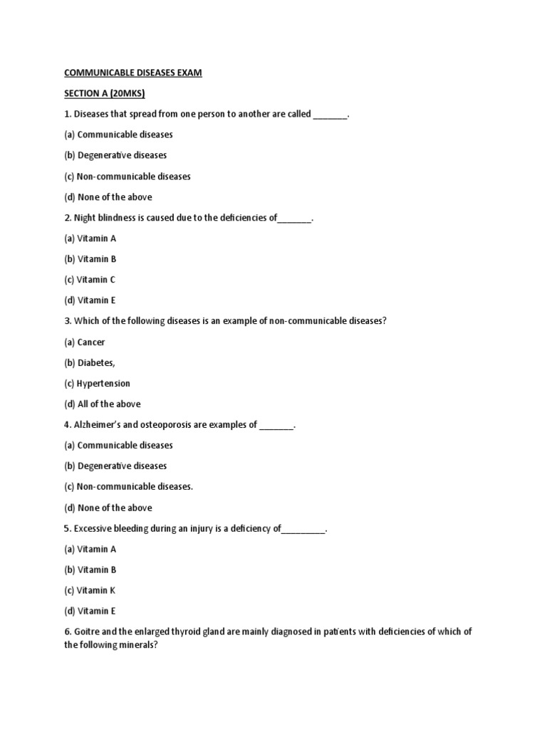 Communicable Diseases Exam | PDF | Vitamin | Infection