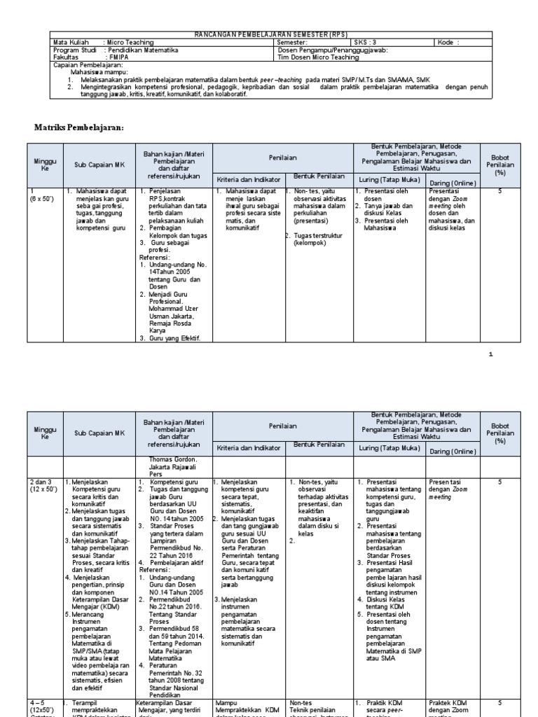 RPS Praktik Pembelajaran Mikro Matematika Sekolah | PDF