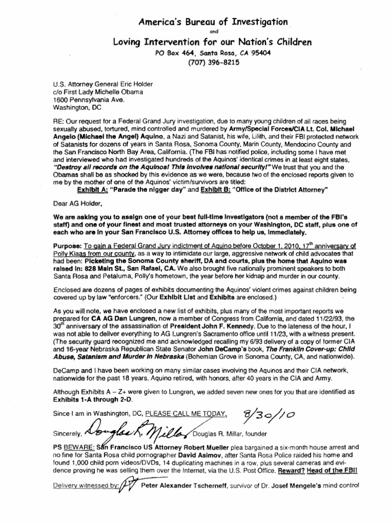 Aquino - CIA Letter to Obama - AG Holder - 8-30-10 | Federal Bureau Of ...