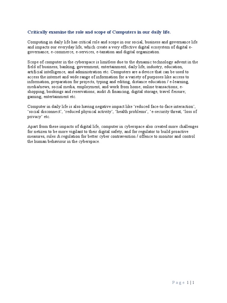 Critically Examine The Role and Scope of Computers in Our Daily Life | PDF