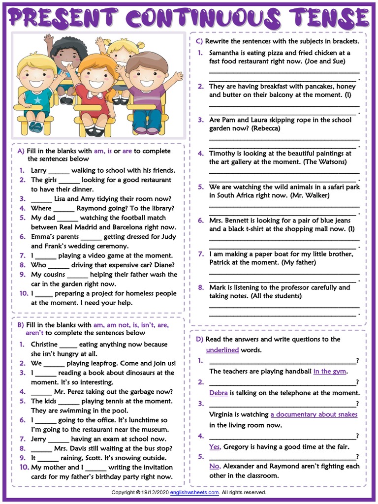Present Continuous Tense Esl Printable Grammar Test Worksheet | PDF