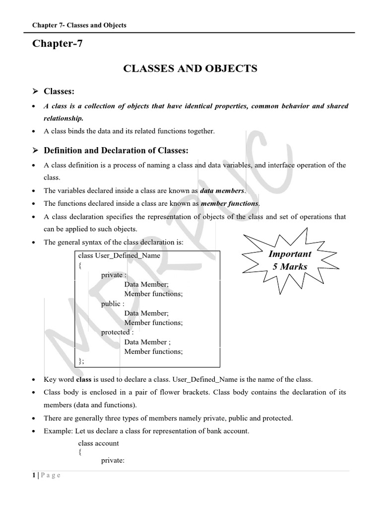 Chapter 7 Classes And Objects Pdf Class Computer Programming Method Computer Programming