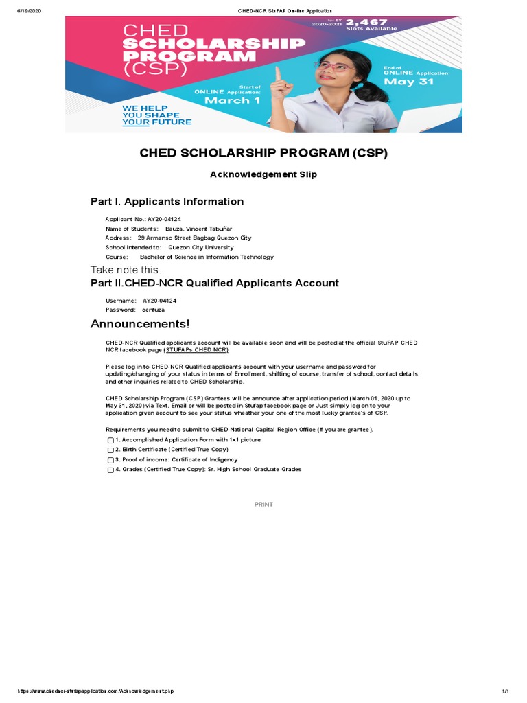 CHED-NCR Scholarship Acknowledgment Slip | PDF | Finance & Money Management