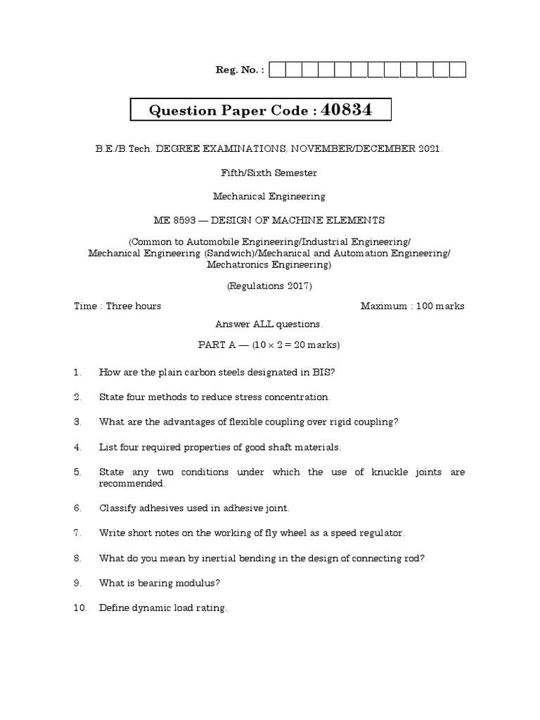 DESIGN OF MACHINE ELEMENTS Question Paper | PDF | Bearing (Mechanical ...