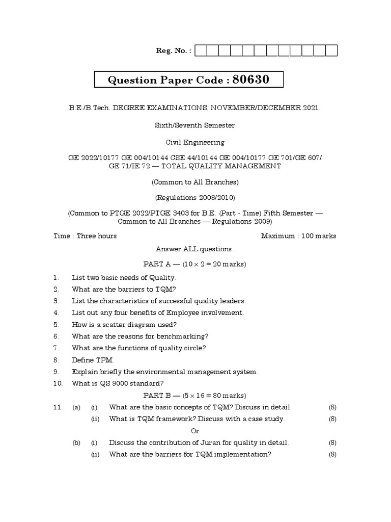 TQM Question Paper for Civil Engineering Exam | PDF | Quality ...