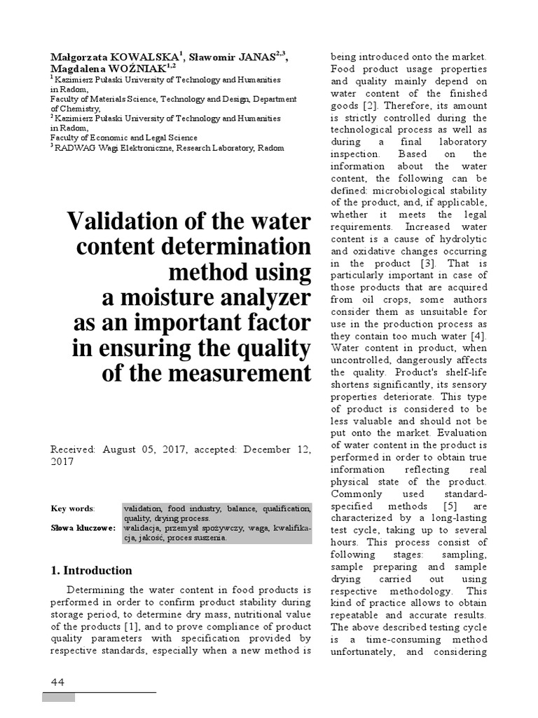 Validation of The Water Content Determination Method Using A Moisture ...