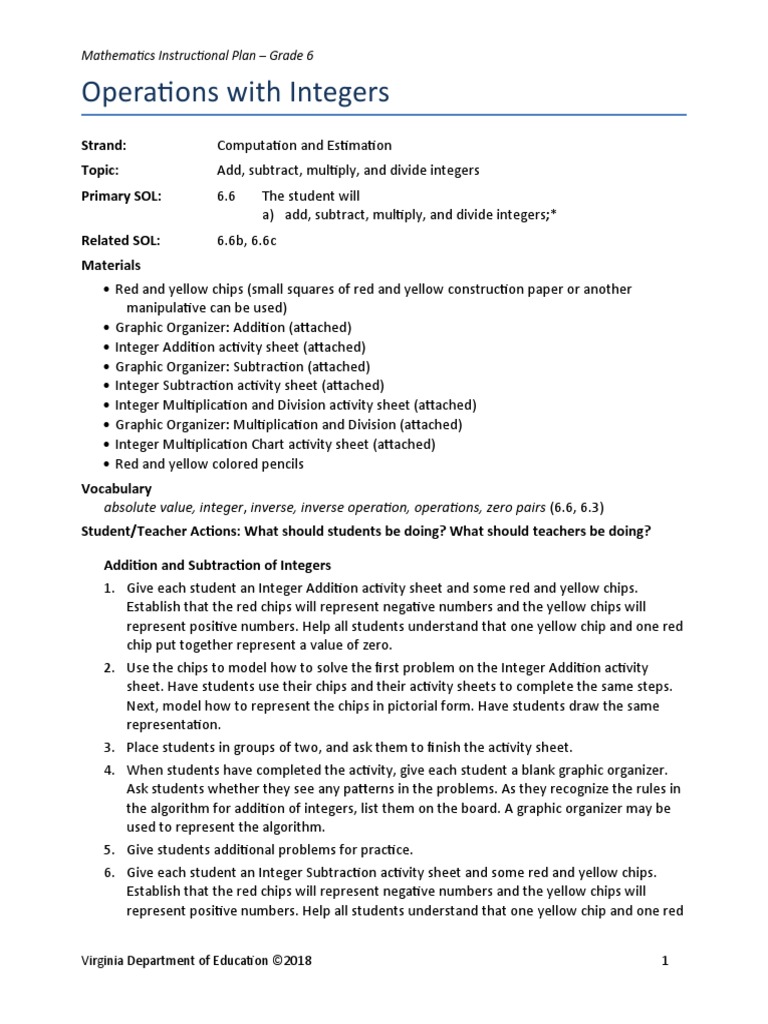 Operations With Integers: Strand: Topic: Primary SOL: Related SOL ...