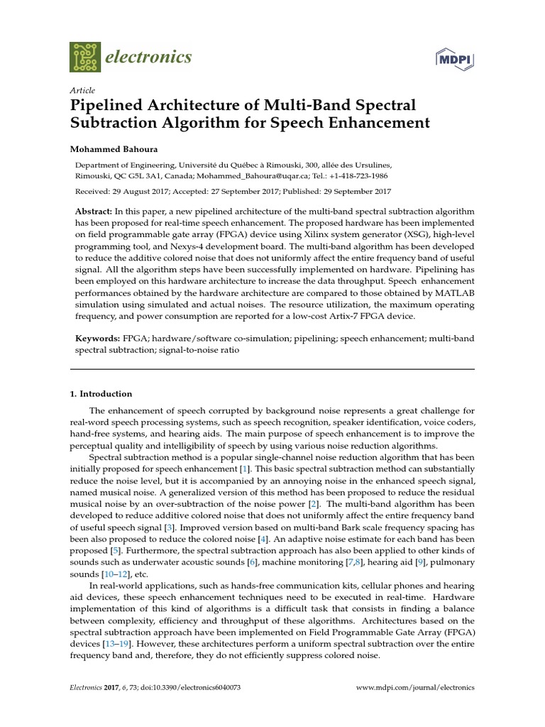 Multi-Band Spectral Subtraction Algorithm For Speech Enhancement | PDF ...