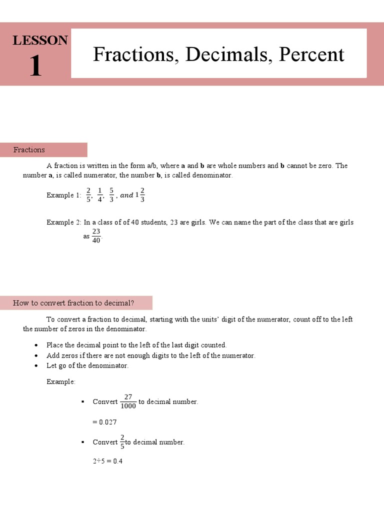 Business Math - Module 1 - Fractions, Decimals, Percents | PDF ...