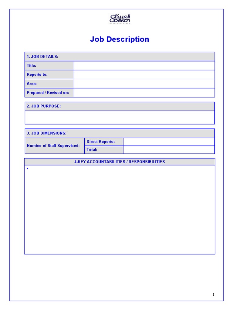 Job Description: 1. Job Details: Title: Reports To: Area: Prepared ...
