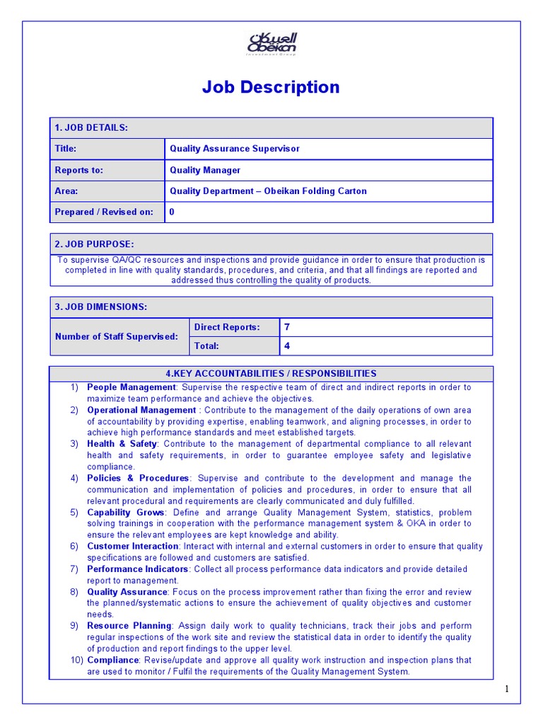 Job Description QA Supervisor | PDF | Quality Assurance | Audit