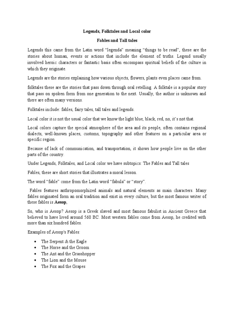 Legends, Folktales and Local Color Fables and Tall Tales | PDF | Fable ...