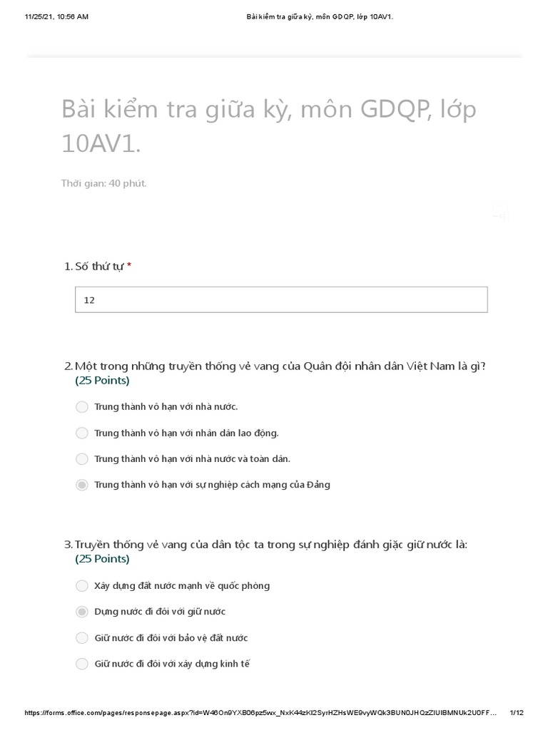 Bài Kiểm Tra Giữa Kỳ, Môn GDQP, Lớp 10AV1 | PDF