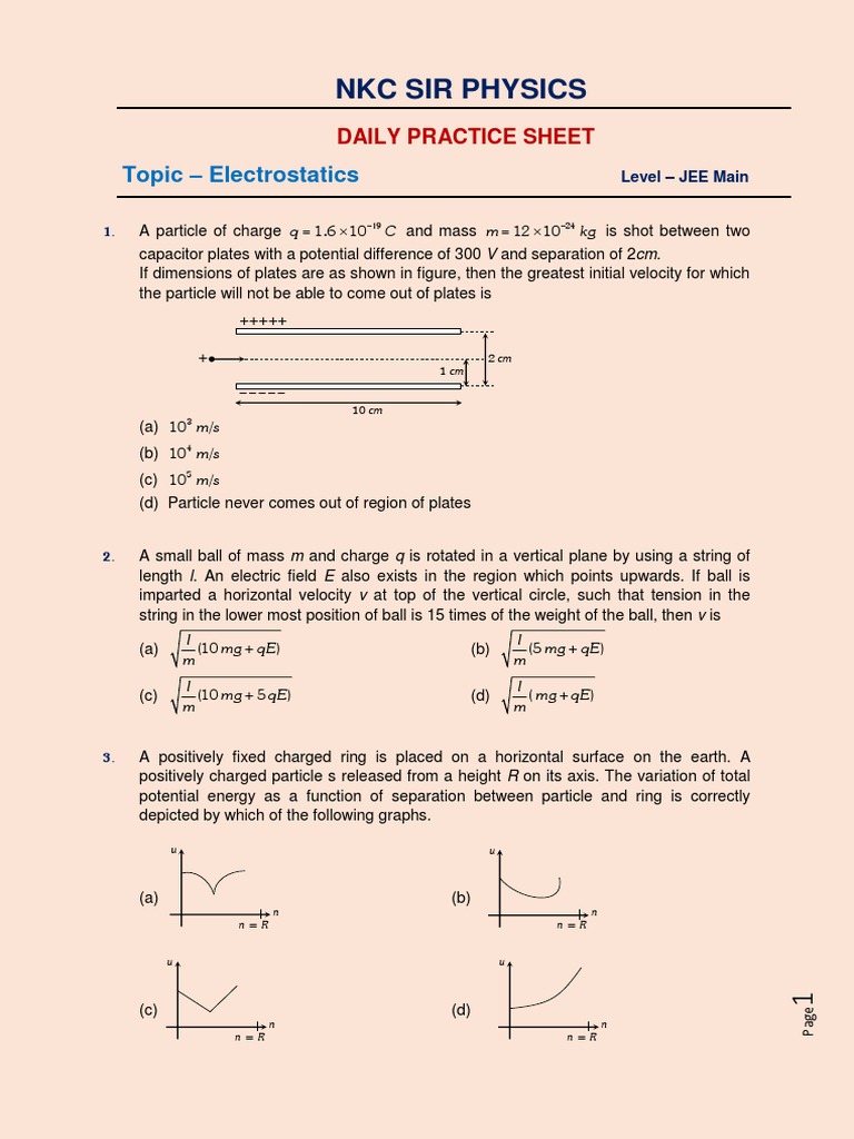Electrostatics Practice Sheet | PDF | Rotation Around A Fixed Axis | Electric Charge
