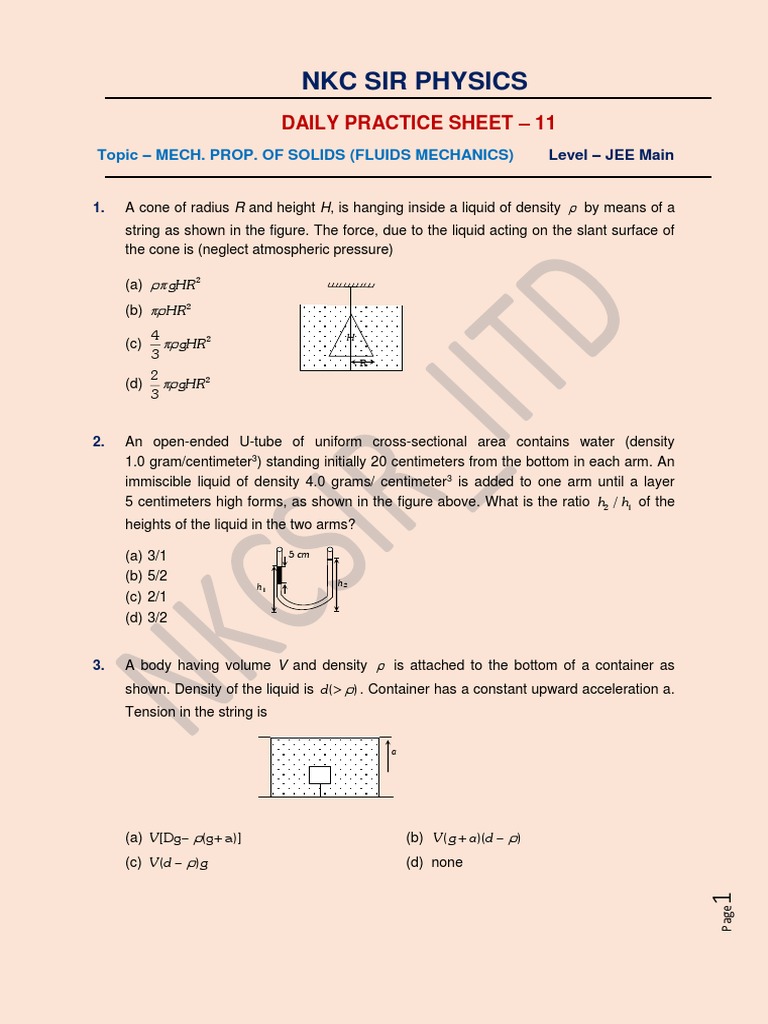 NKC Sir Physics: Daily Practice Sheet - 11 | PDF | Liquids | Density
