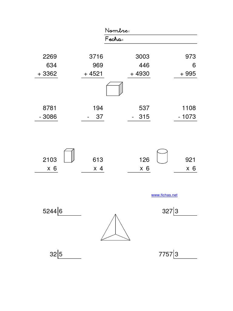 Fichas Matematicas Sumas Restas Multiplicaciones Divisiones | PDF