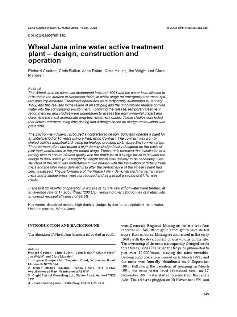 Wheal Jane Mine Water Active Treatment Plant - Design, Construction and ...