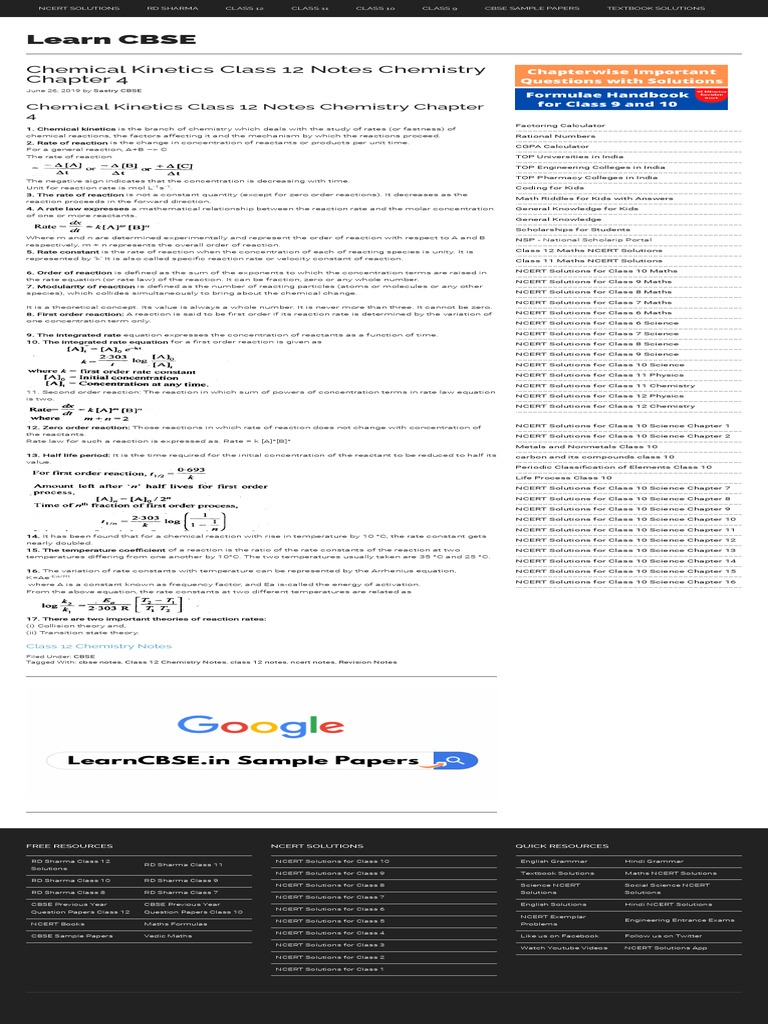 Chemical Kinetics Class 12 Notes Chemistry Chapter 4 - Learn CBSE | PDF ...