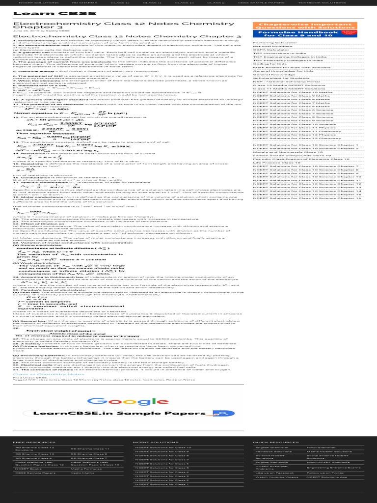 Electrochemistry Class 12 Notes Chemistry Chapter 3 - Learn CBSE | PDF ...
