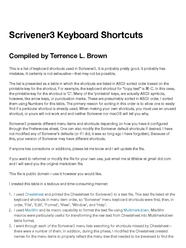Scrivener3 Keyboard Shortcuts: Compiled by Terrence L. Brown | PDF ...