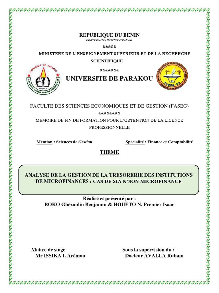 MEMOIRE BOKO ET HOUETO GTD Des Institutions de Microfinance | PDF | Fonds de roulement | La ...