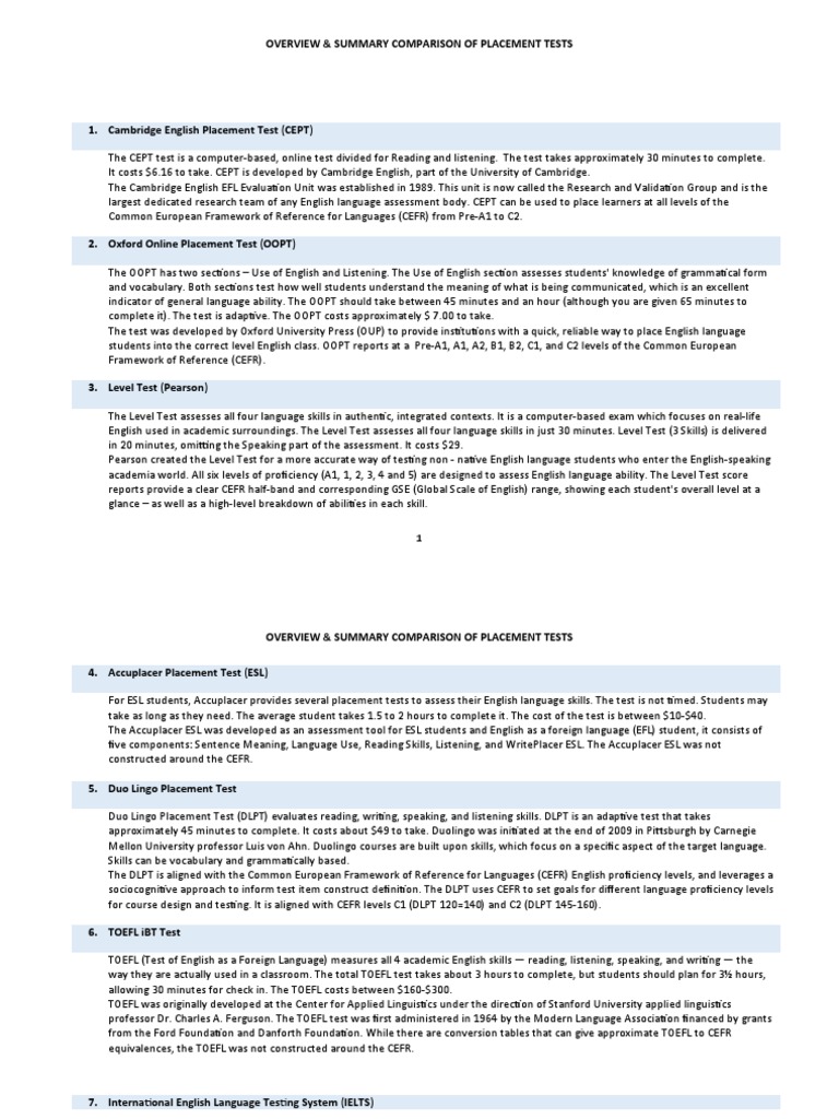 Overview and Summary Comparison of Placement Tests | PDF | Test Of ...