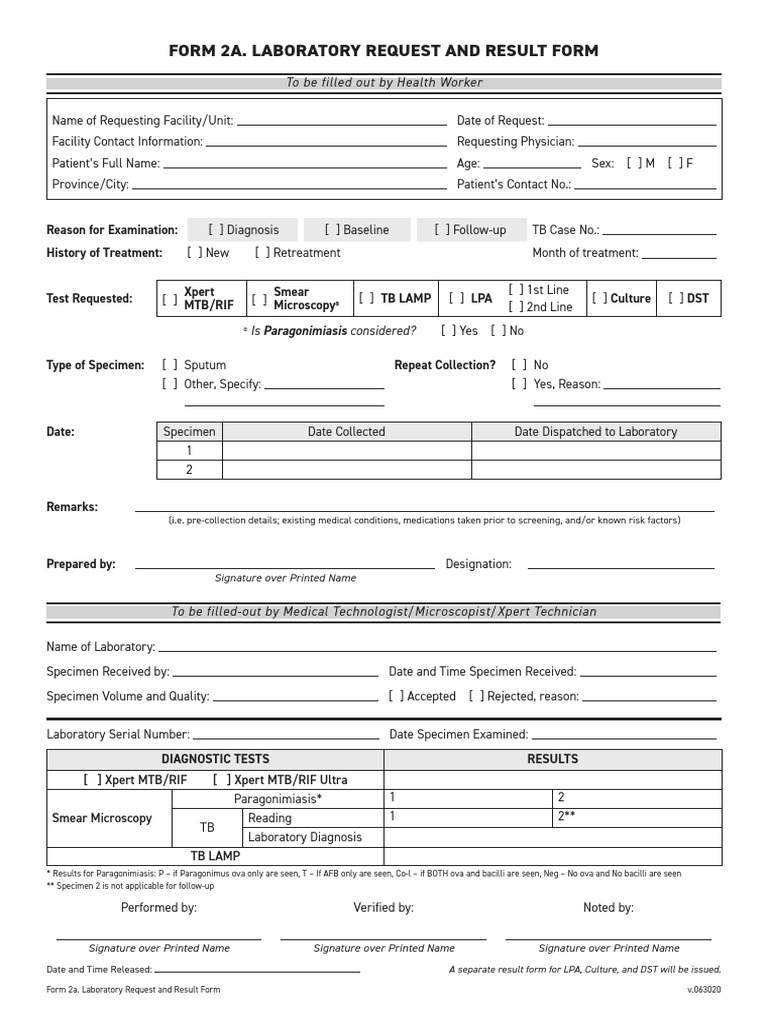Form 2A. Laboratory Request and Result Form: To Be Filled Out by Health ...