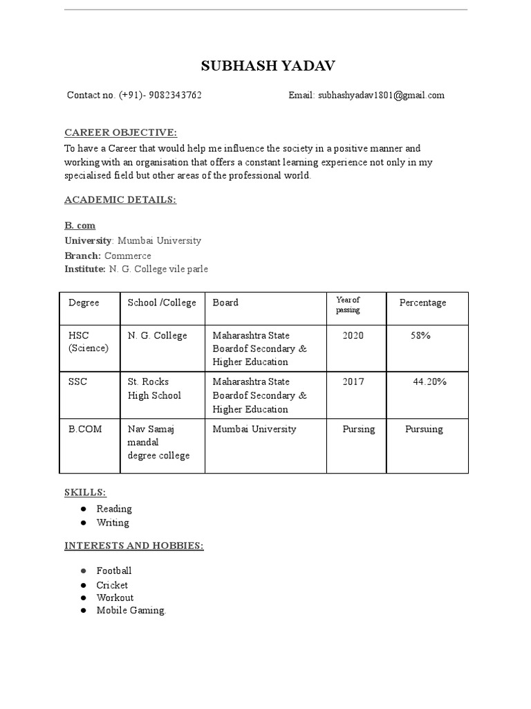 Subhash CV | PDF