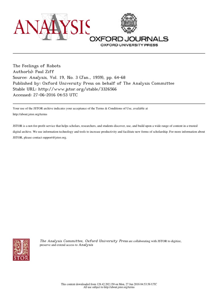 Ziff, Paul - 'The Feeling of Robots' | PDF | Robot | Robotics