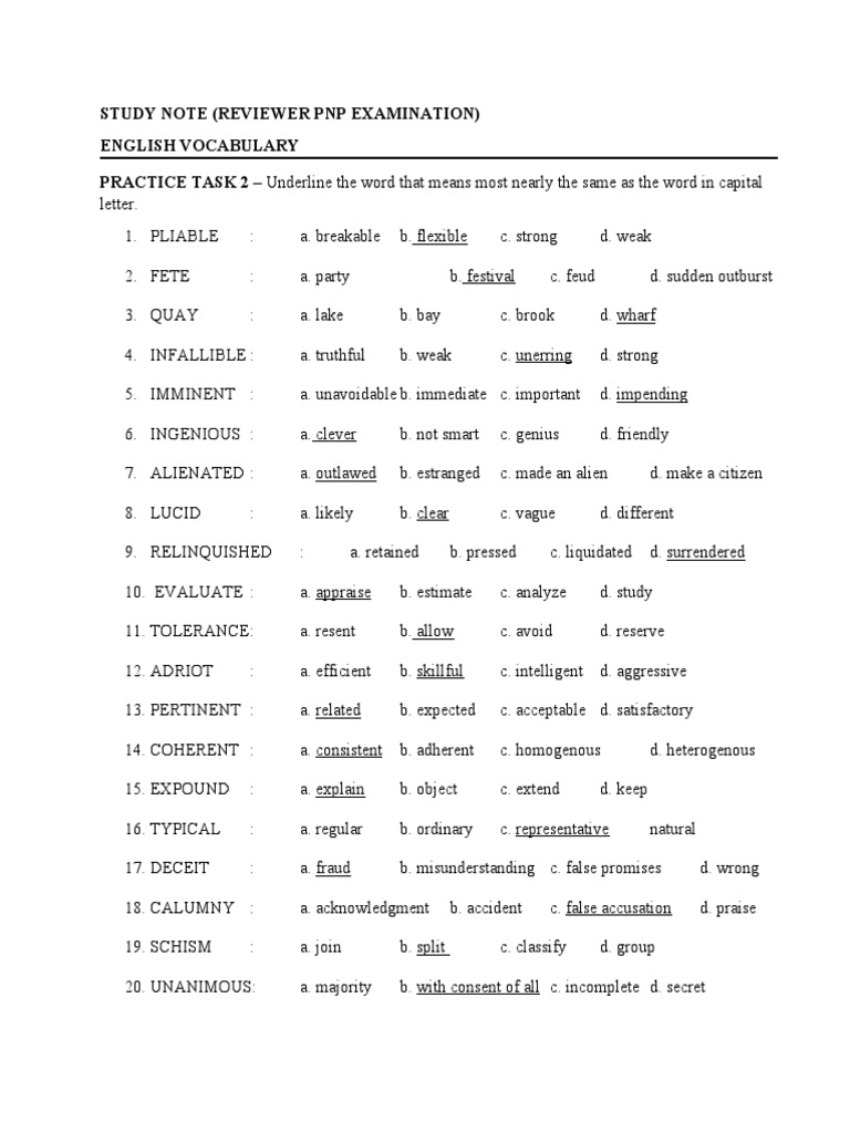 PNP Exam Vocabulary Practice Guide | PDF