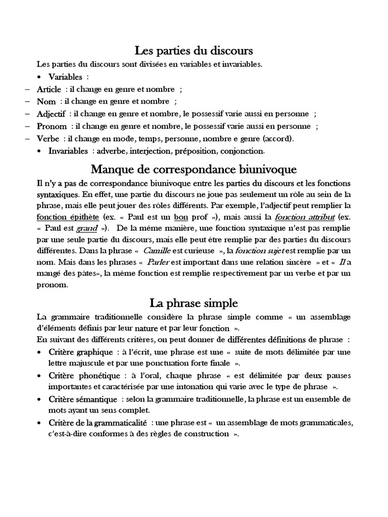 Les Parties Du Discours | PDF | Nature (grammaire) | Phrase
