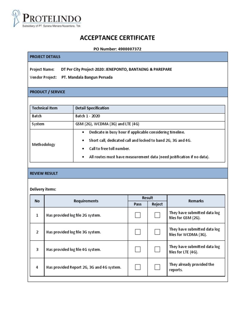 Acceptance Certificate: PO Number: 4900007372 | PDF | 4 G | 3 G