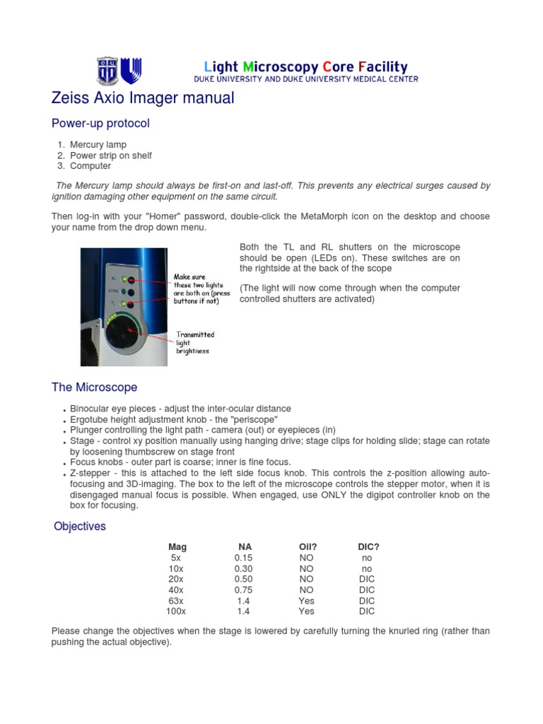 Zeiss Axio Imager Manual: Power-Up Protocol | PDF | Color Balance | Camera