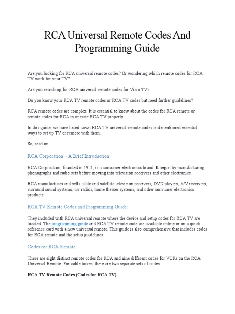 RCA Universal Remote Codes and Programming Guide: RCA Corporation - A ...