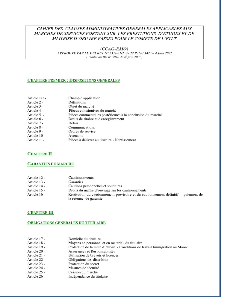 CCAG-EMO : Marchés de Services au Maroc | PDF | Entrepreneur principal ...